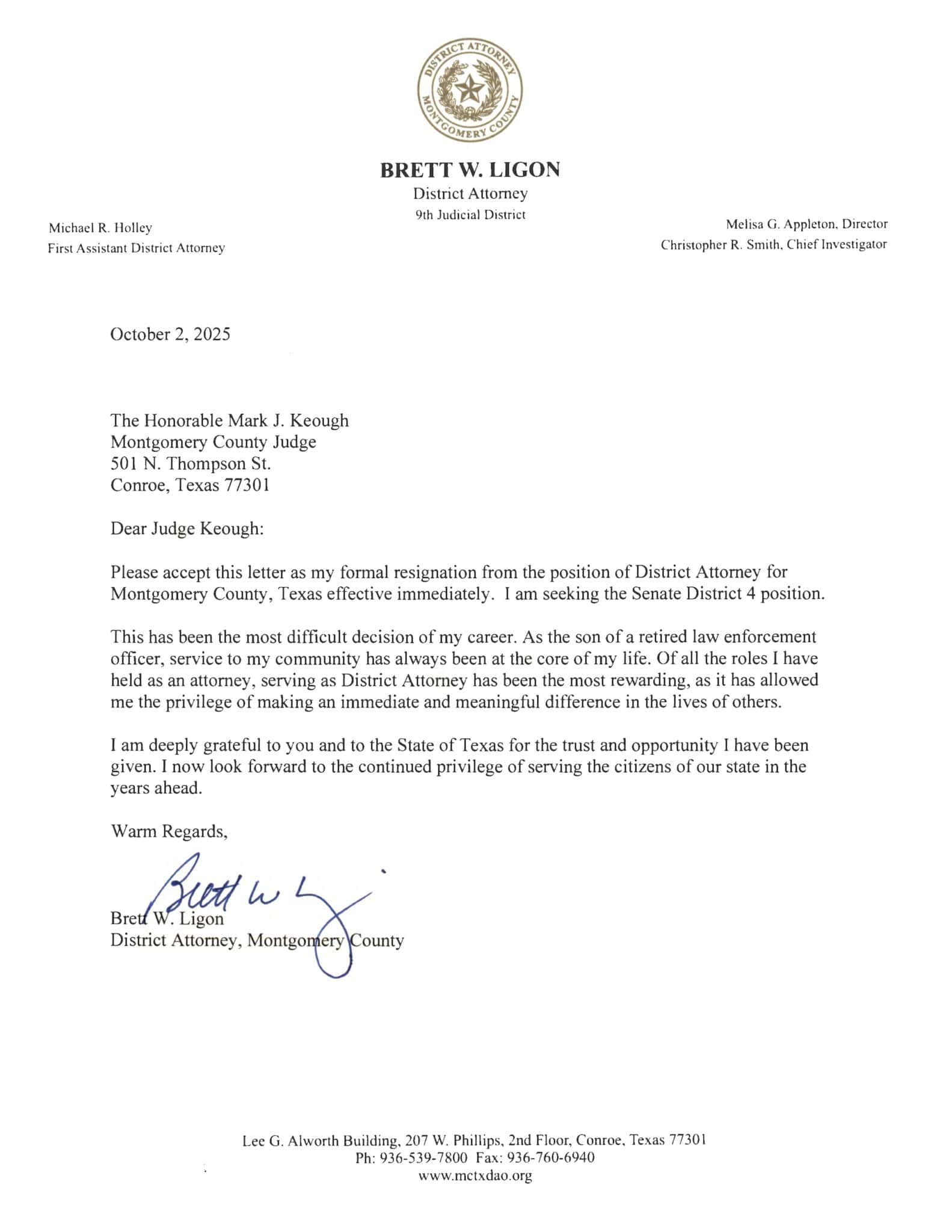 Montgomery County District Attorney Brett Ligon announces Resignation ...