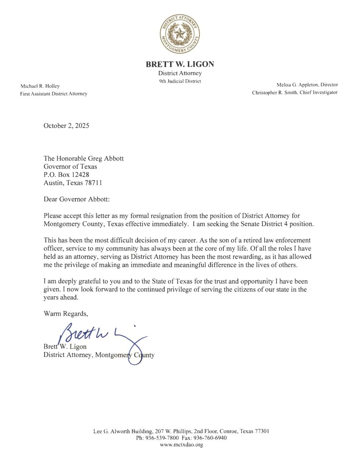 Montgomery County District Attorney Brett Ligon announces Resignation ...