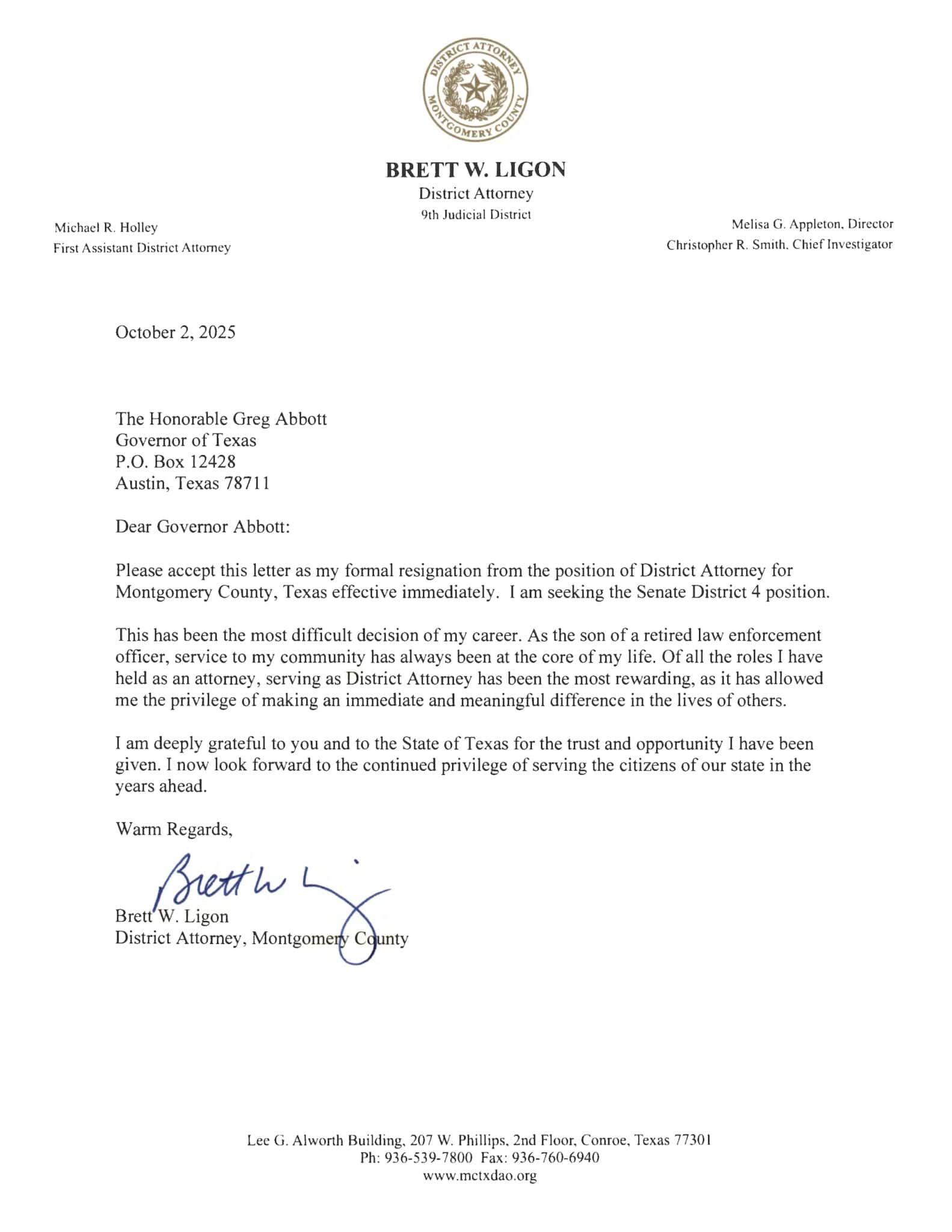 Montgomery County District Attorney Brett Ligon announces Resignation ...
